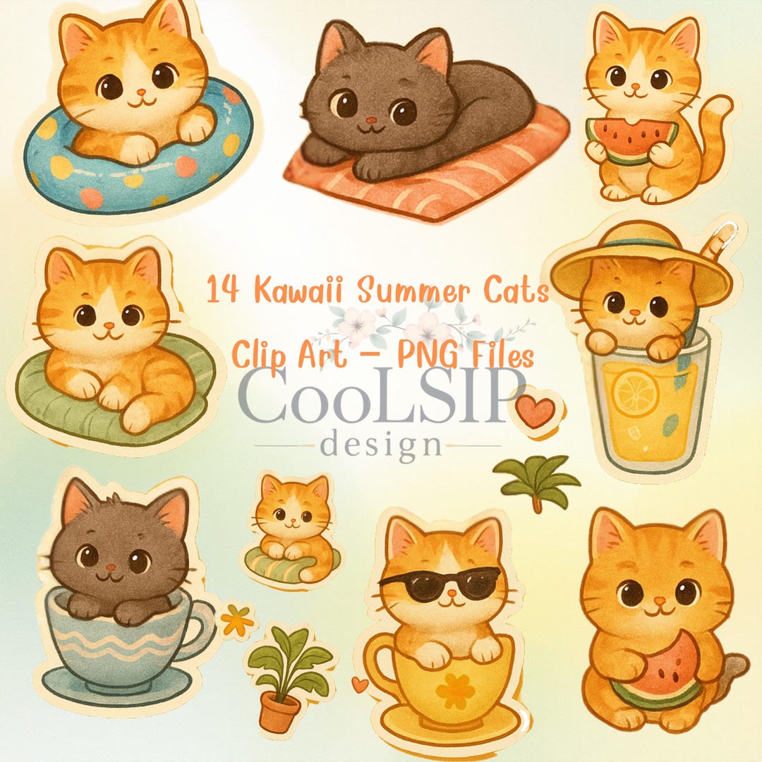 Cute Cat Summer Stickers – 14 Kawaii Kitten Clipart Pngs, Beach Cat ...