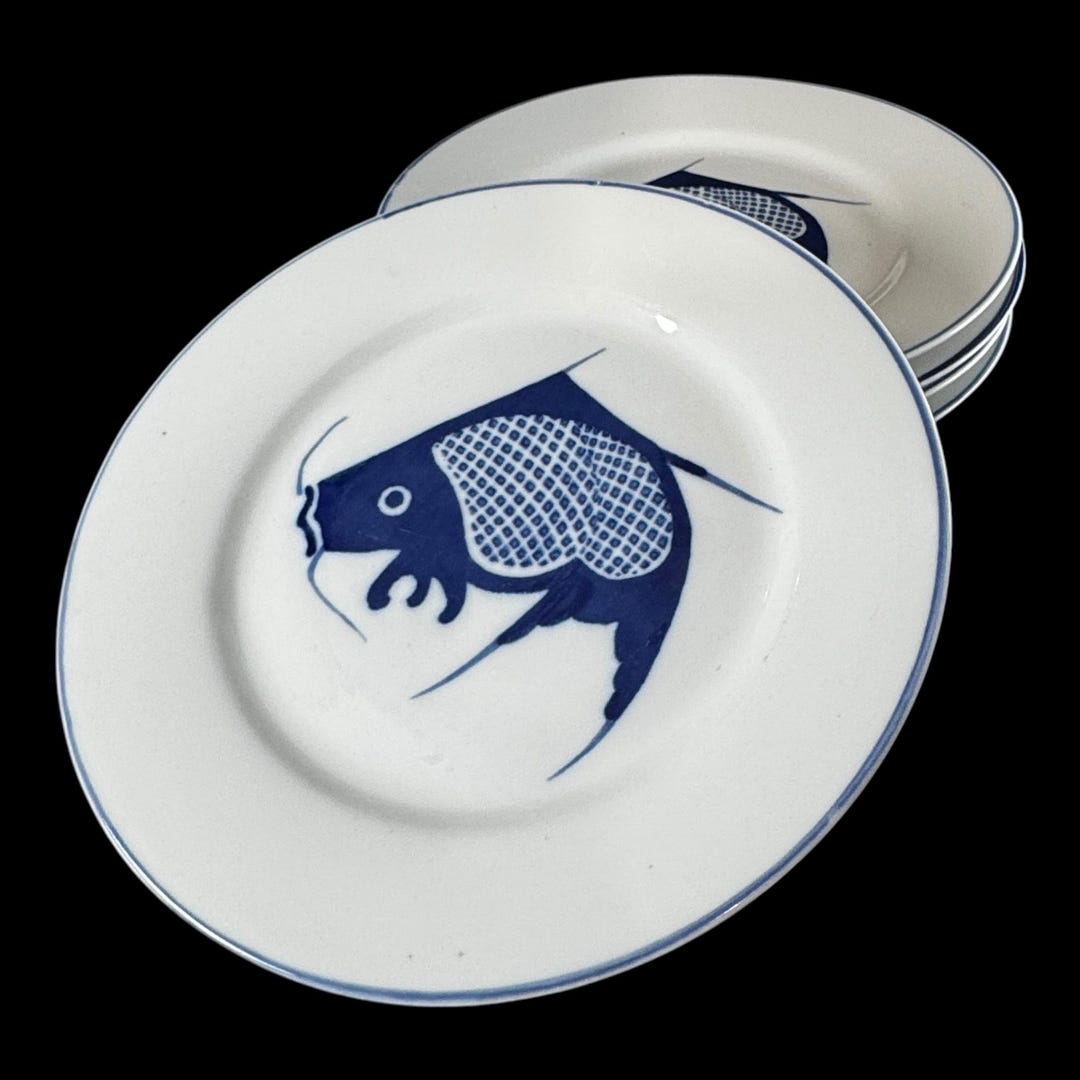 Set of 5 Vintage Chinese Blue & White Fish Dinner Plates 10 1/4 ...