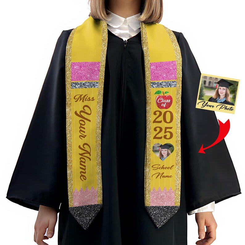 Custom Photo Teacher Graduation Sash Class of 2025, Pencil Stole ...