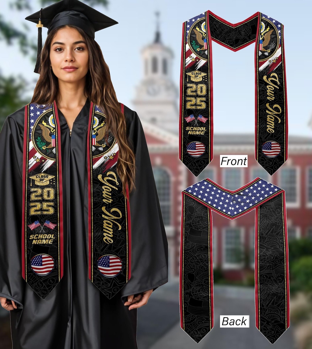 Personalized American Graduation Sash, Class of 2025 American Flag ...