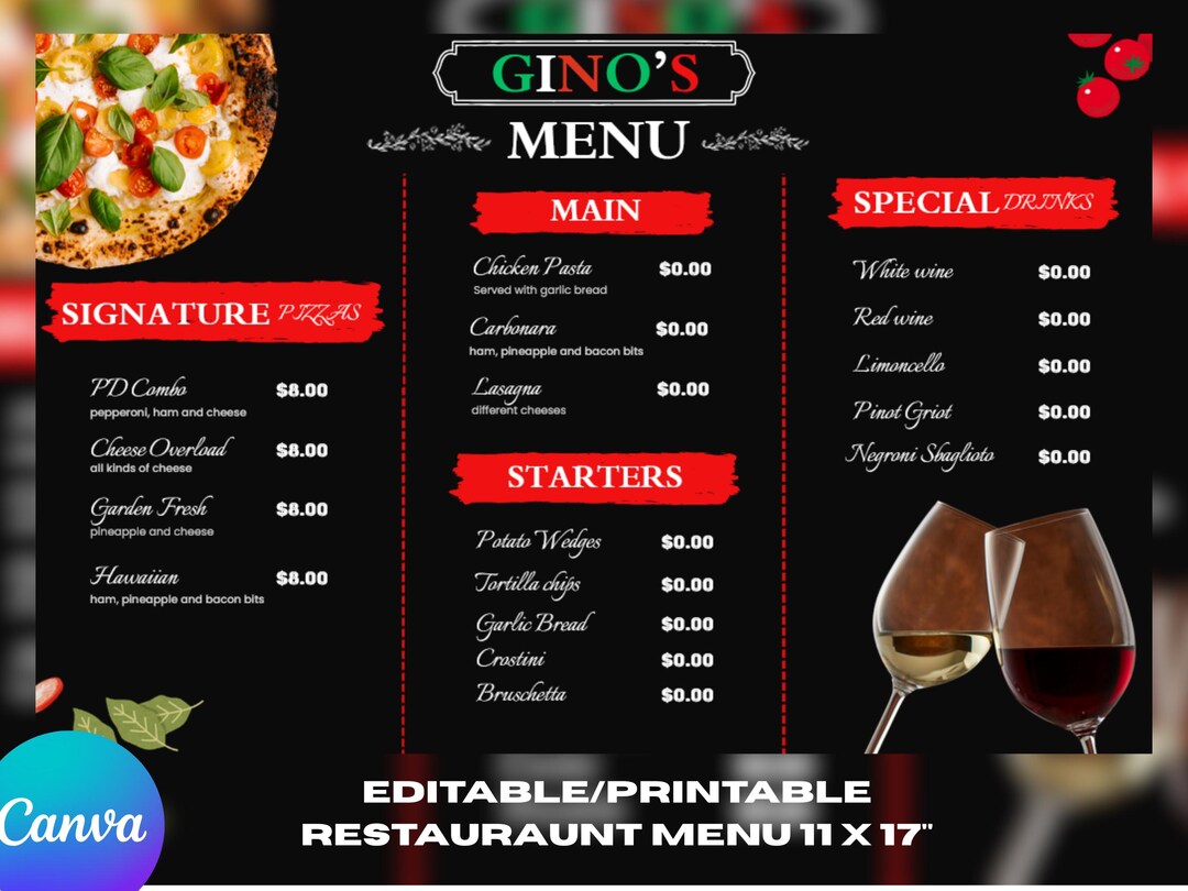 Digital Menu Canva Template L Customized 11x17 Printable Menu L ...