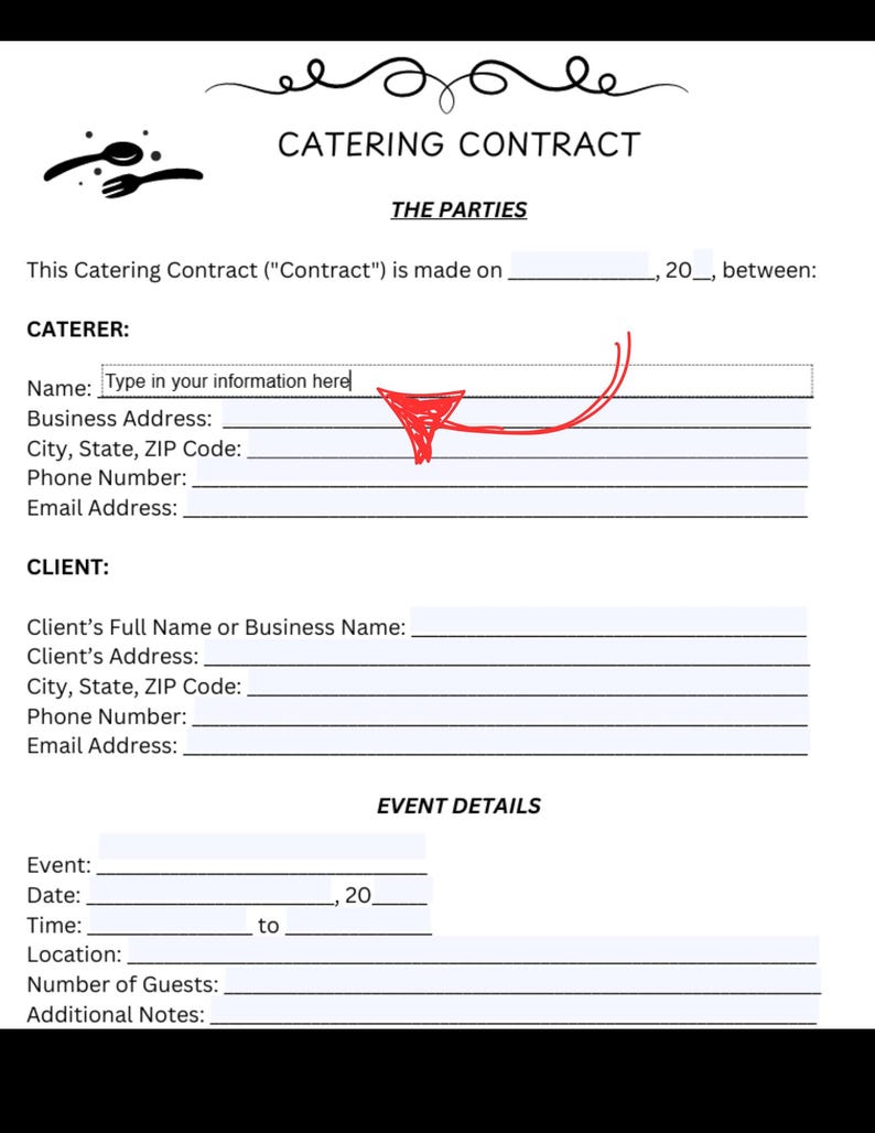 Editable Catering Contract Template | Printable Food Service Agreement ...