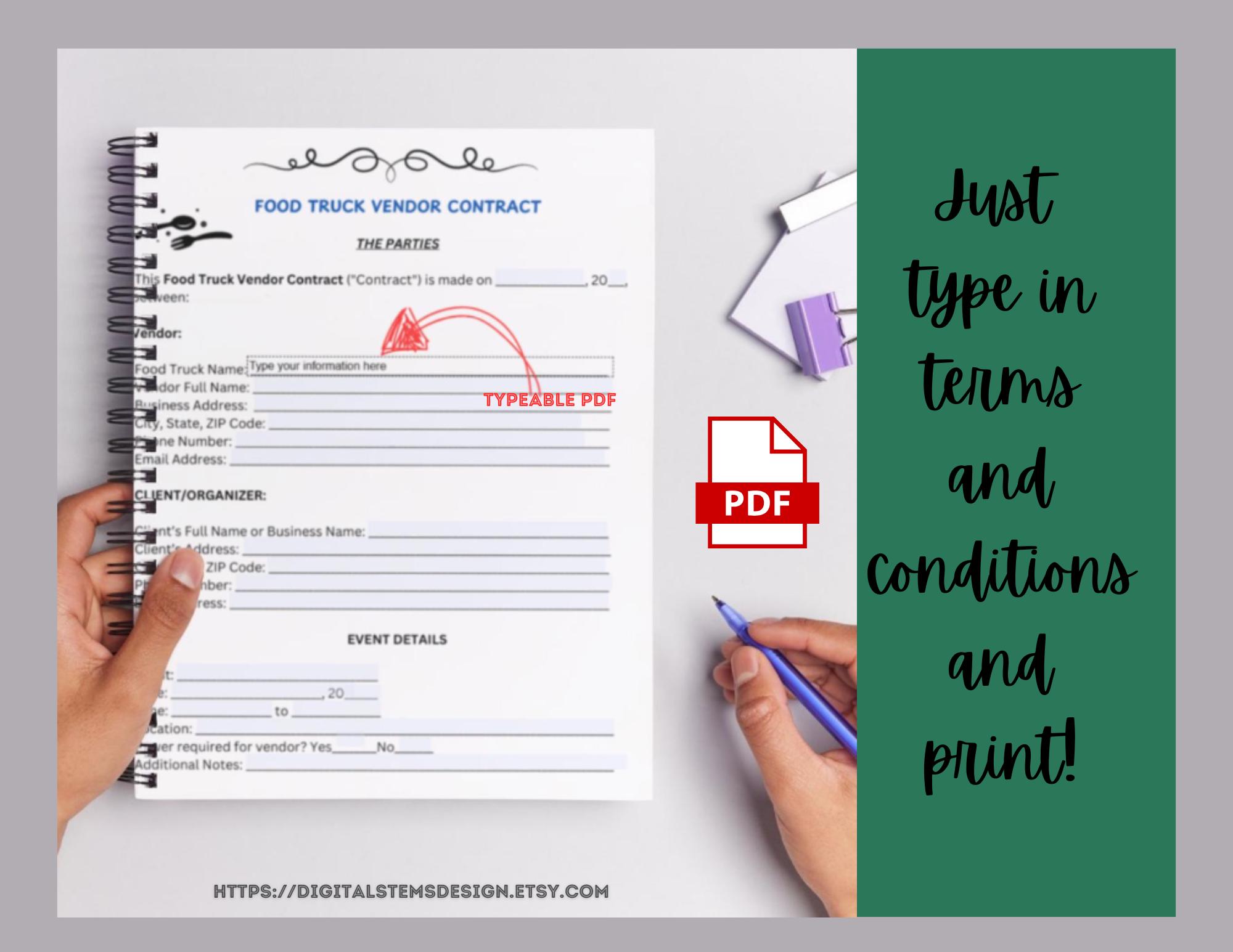 Editable Food Truck Contract Template | Printable Food Service ...