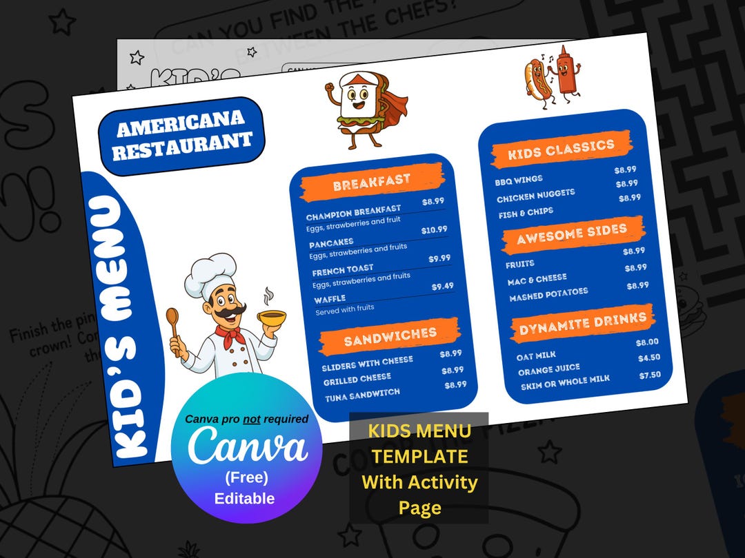 Editable Kids Restaurant Menu Personalized for Your Business With Fun ...