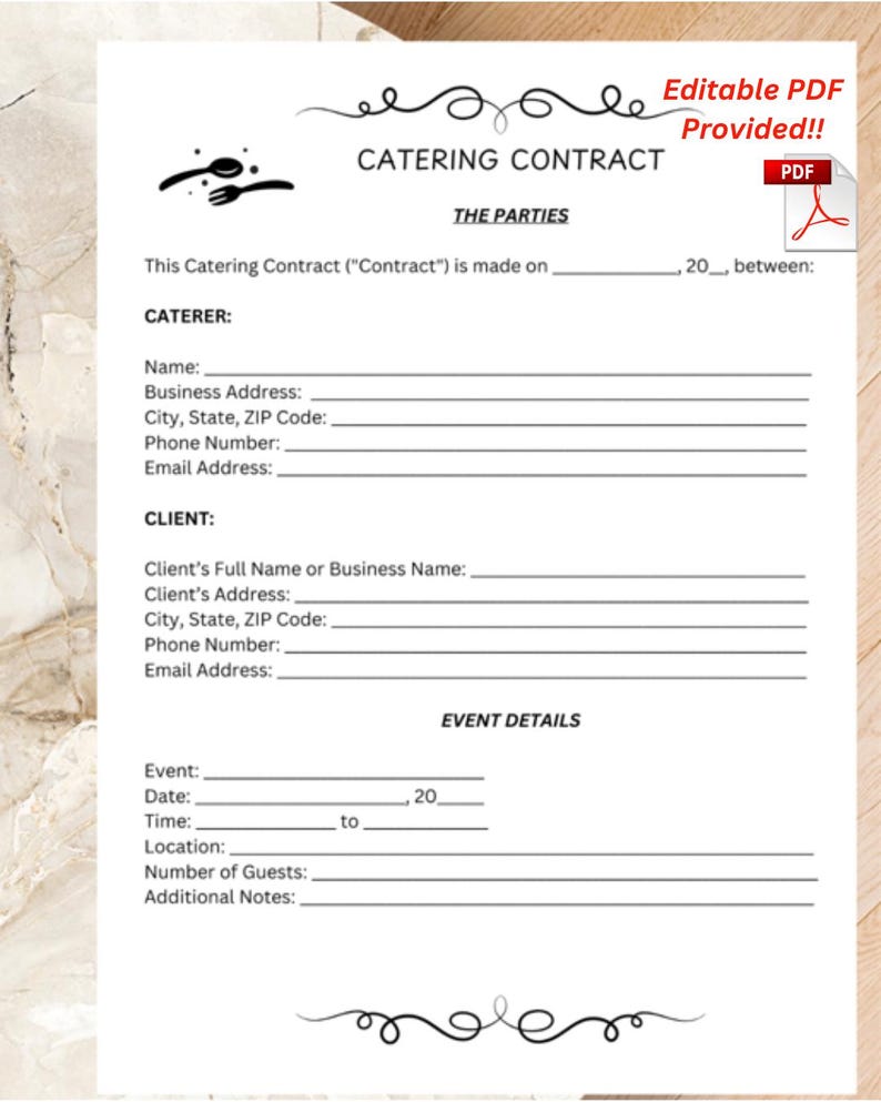 Editable Catering Contract Template | Printable Food Service Agreement ...