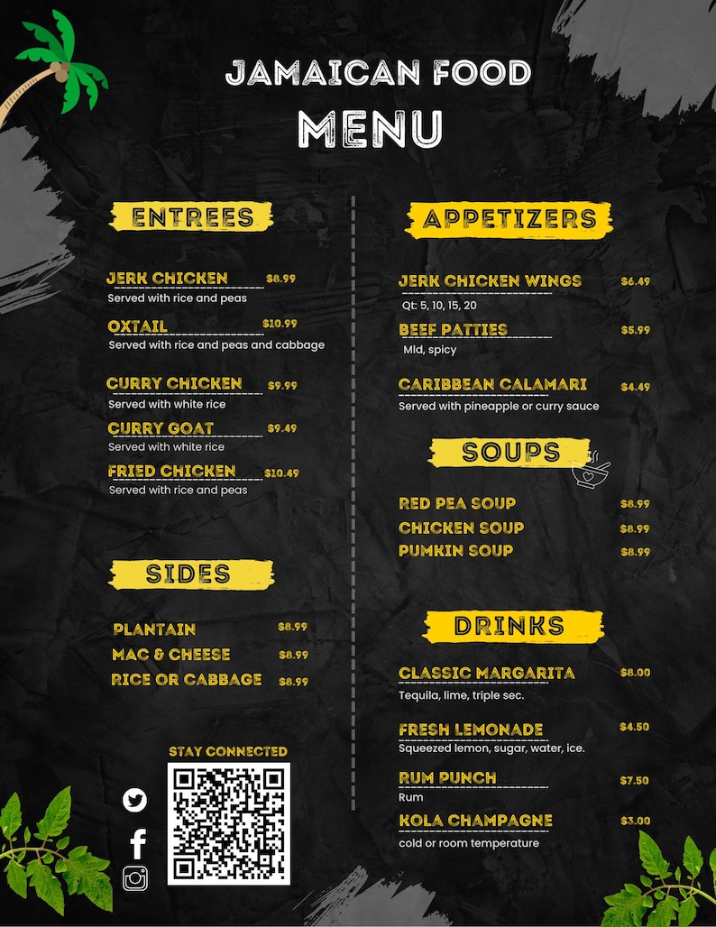 Jamaican Food Menu Template Editable 8.5x11 Canva Restaurant Menu ...