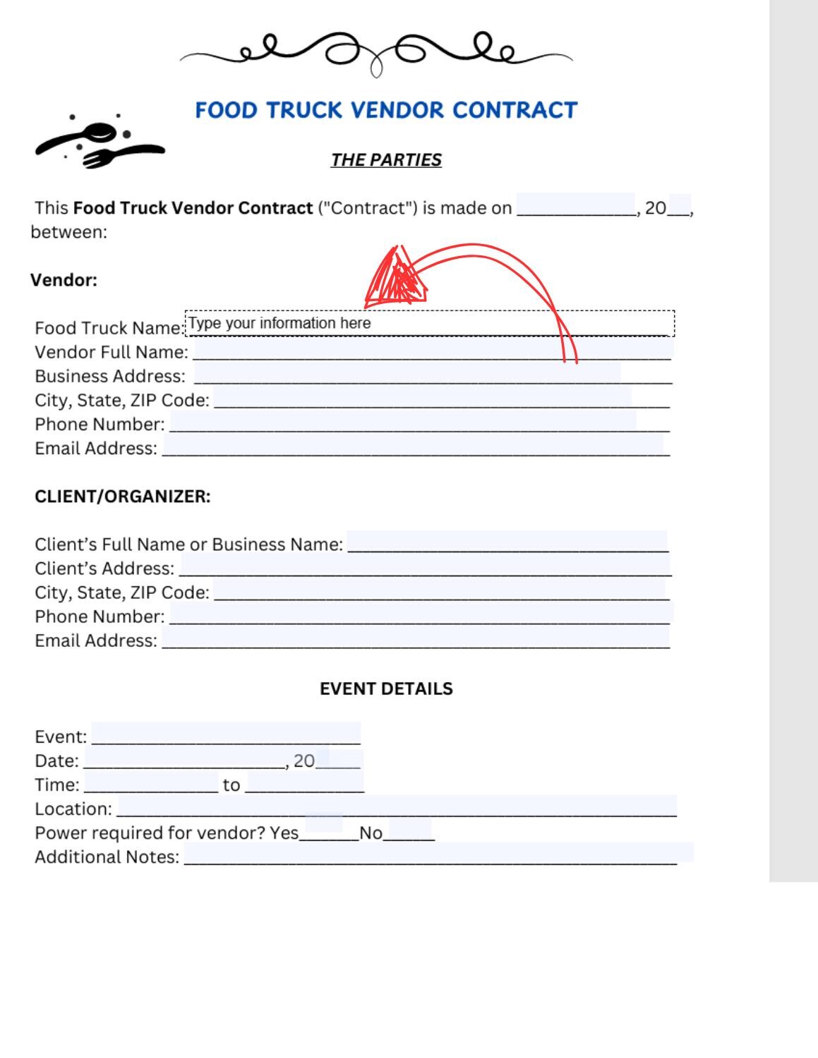 Editable Food Truck Contract Template | Printable Food Service ...