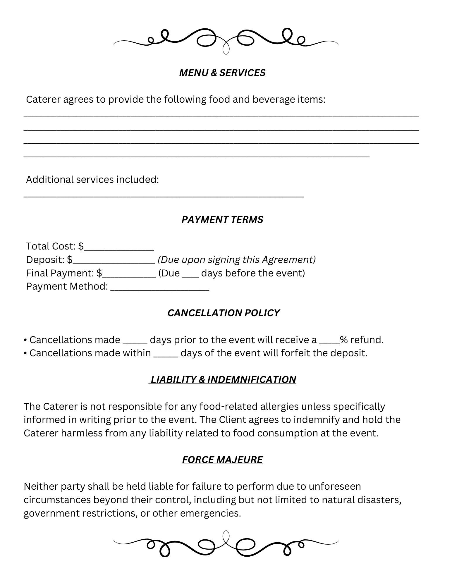 Editable Catering Contract Template | Printable Food Service Agreement ...