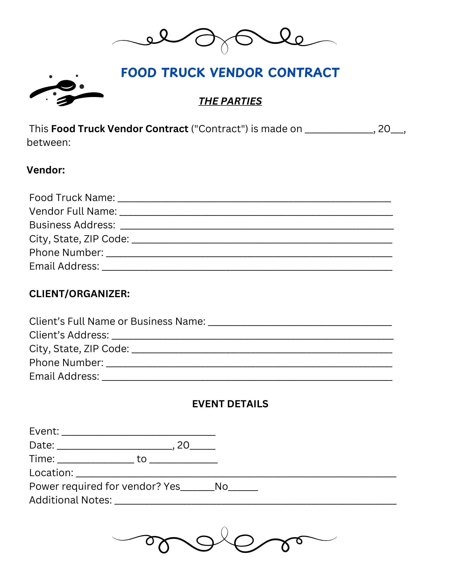 Editable Food Truck Contract Template | Printable Food Service ...