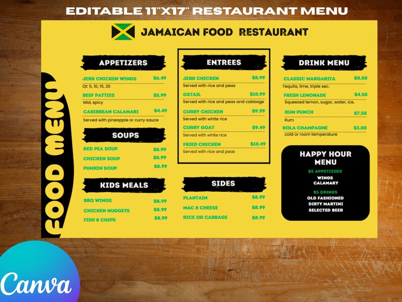 Printable Menu Canva Template L Customized 11x17 Printable Menu L ...