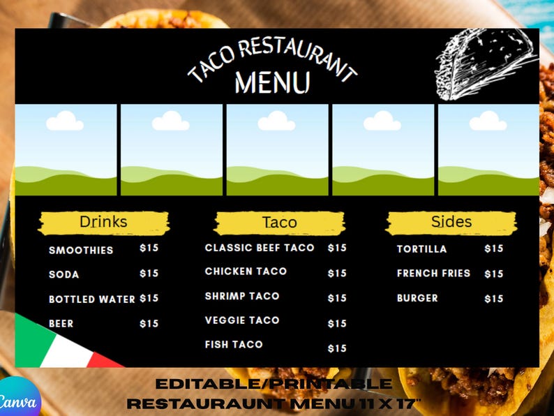 Taco Restaurant Menu Template: Customizable 11x17 Canva (PDF Download ...