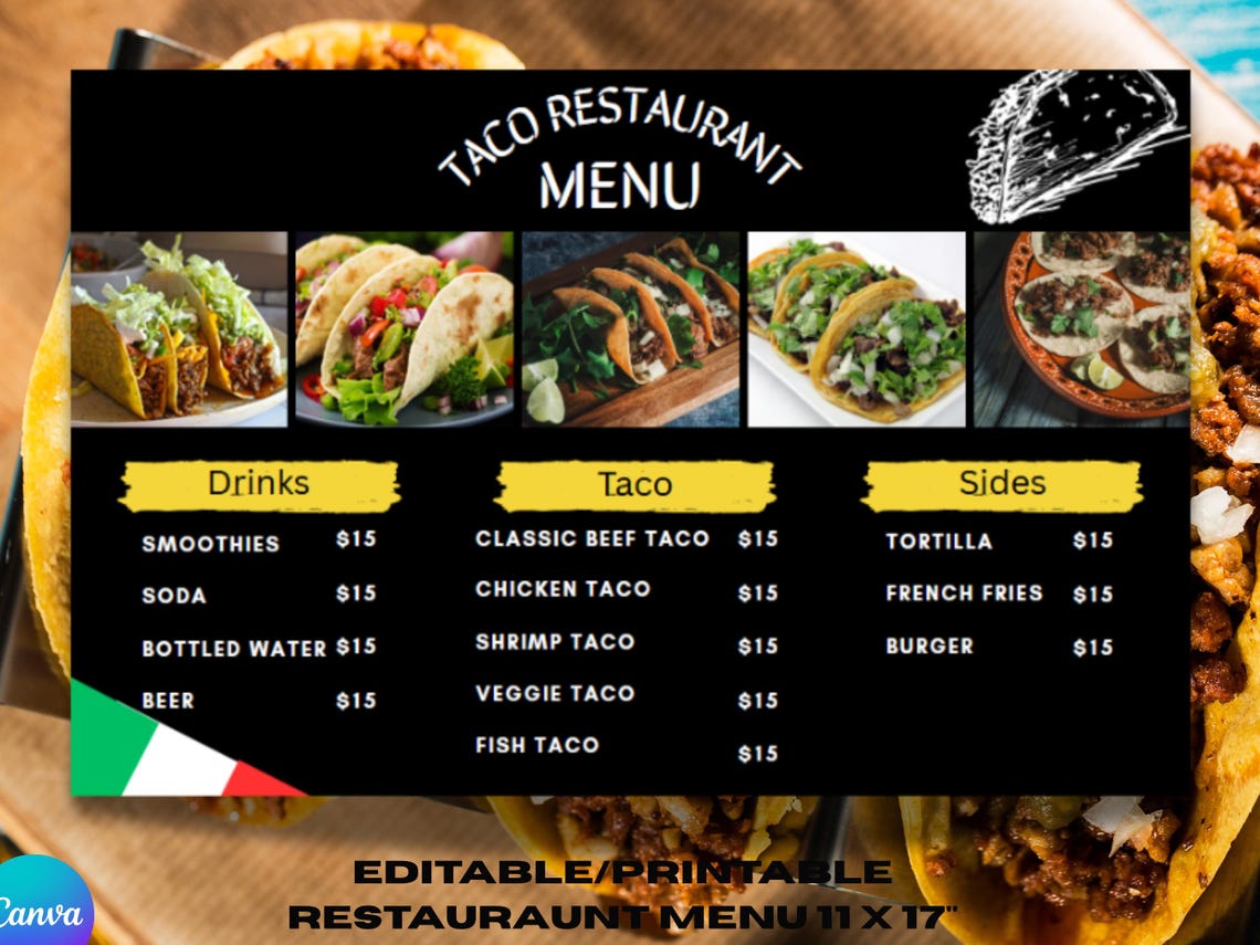 Taco Restaurant Menu Template: Customizable 11x17 Canva (PDF Download ...
