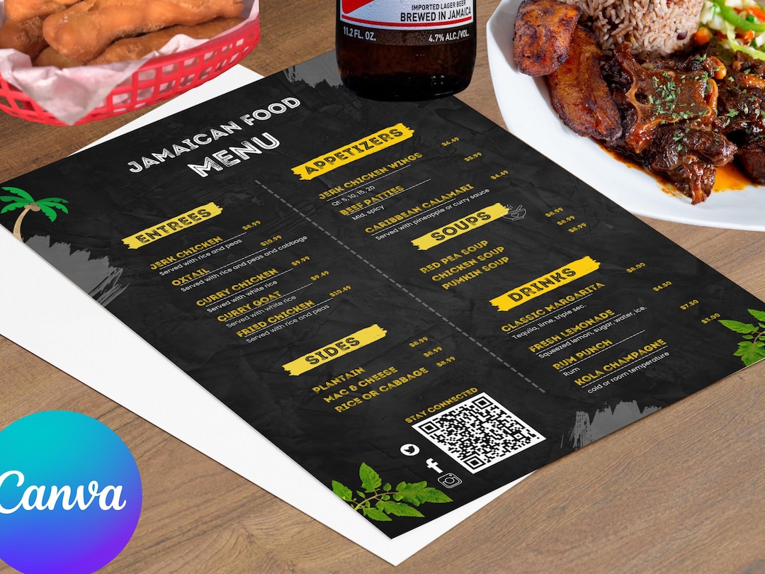 Jamaican Food Menu Template Editable 8.5x11 Canva Restaurant Menu ...
