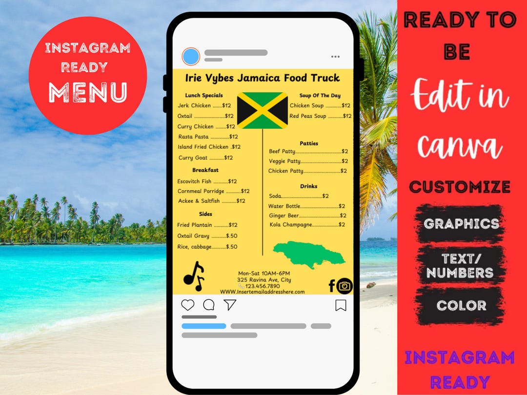 Jamaican Food Menu Template: Canva Editable, Instagram Ready (PDF) - Etsy