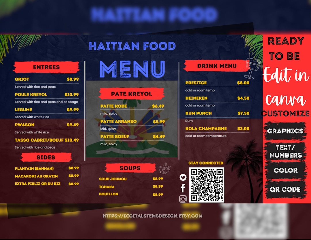 Restaurant Printable Menu, Customizable 11x17 Printable Menu, Editable ...