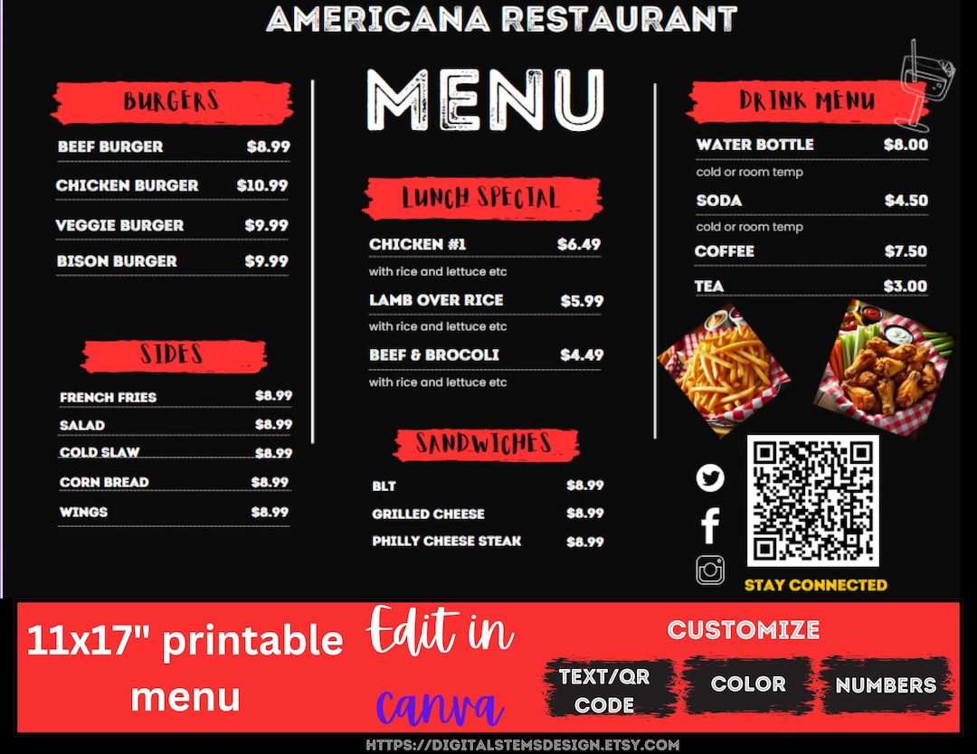 Americana Restaurant Menu Template: Customizable 11x17 Printable (canva ...