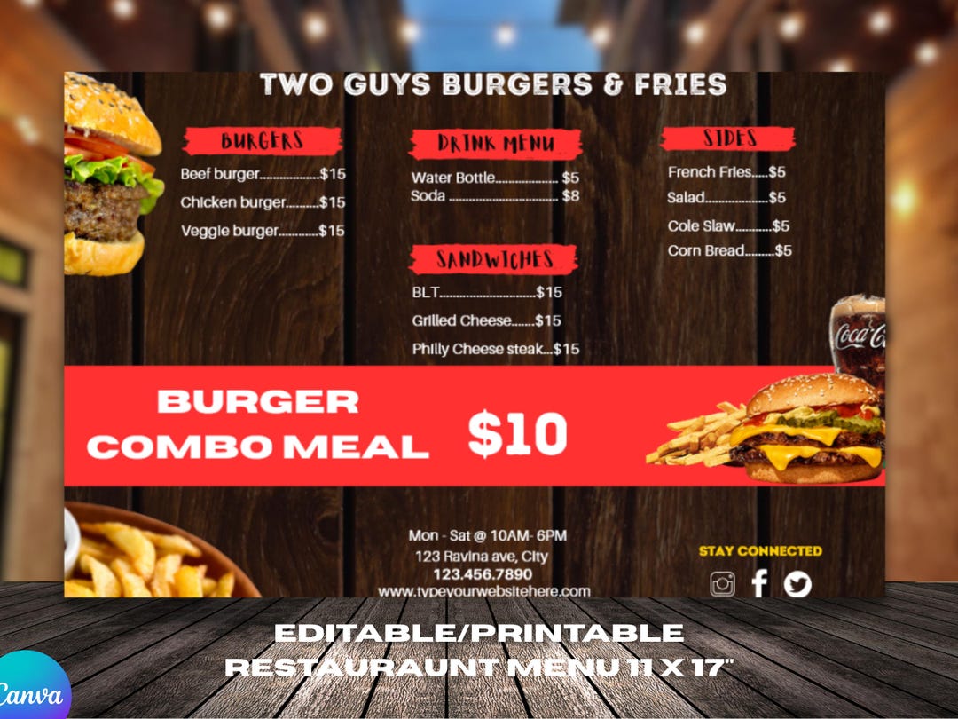 Customizable Restaurant Menu Template: 11x17 Printable Food Menu (canva ...