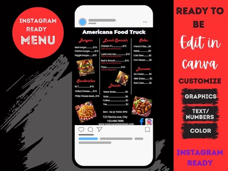Food Truck Instagram Menu Template Editable Canva Design Social Media ...