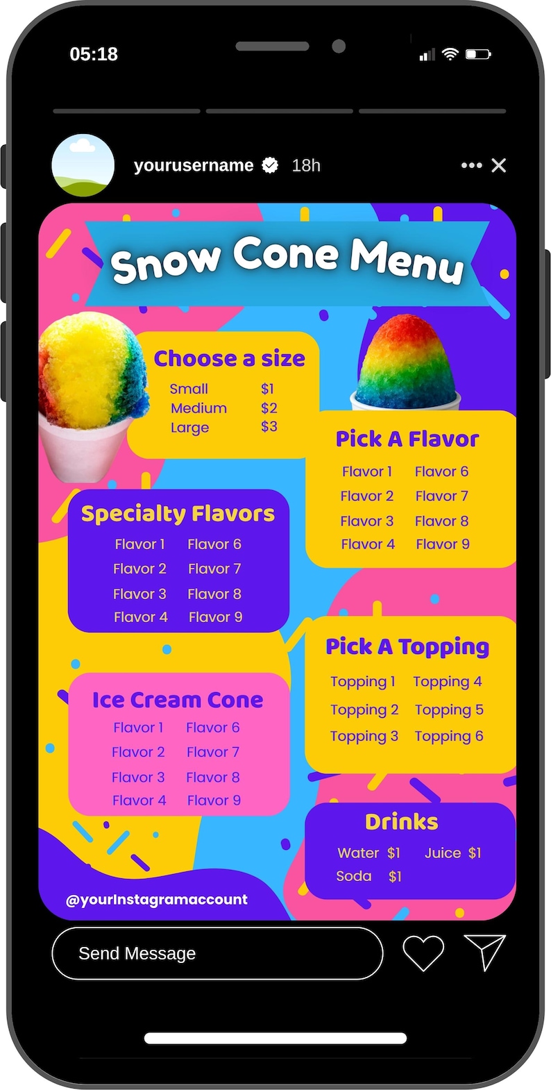 Snow Cone Menu Instagram Template: Editable Shaved Ice Price List ...