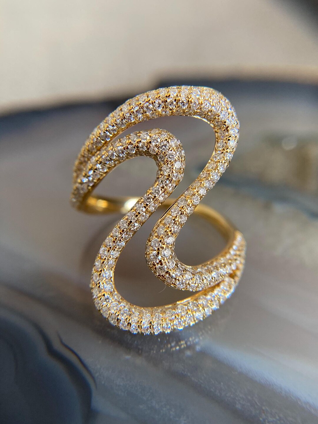 Bold Wave Diamond Ring for Anniversary Round Freeform Lab Diamond Ring ...