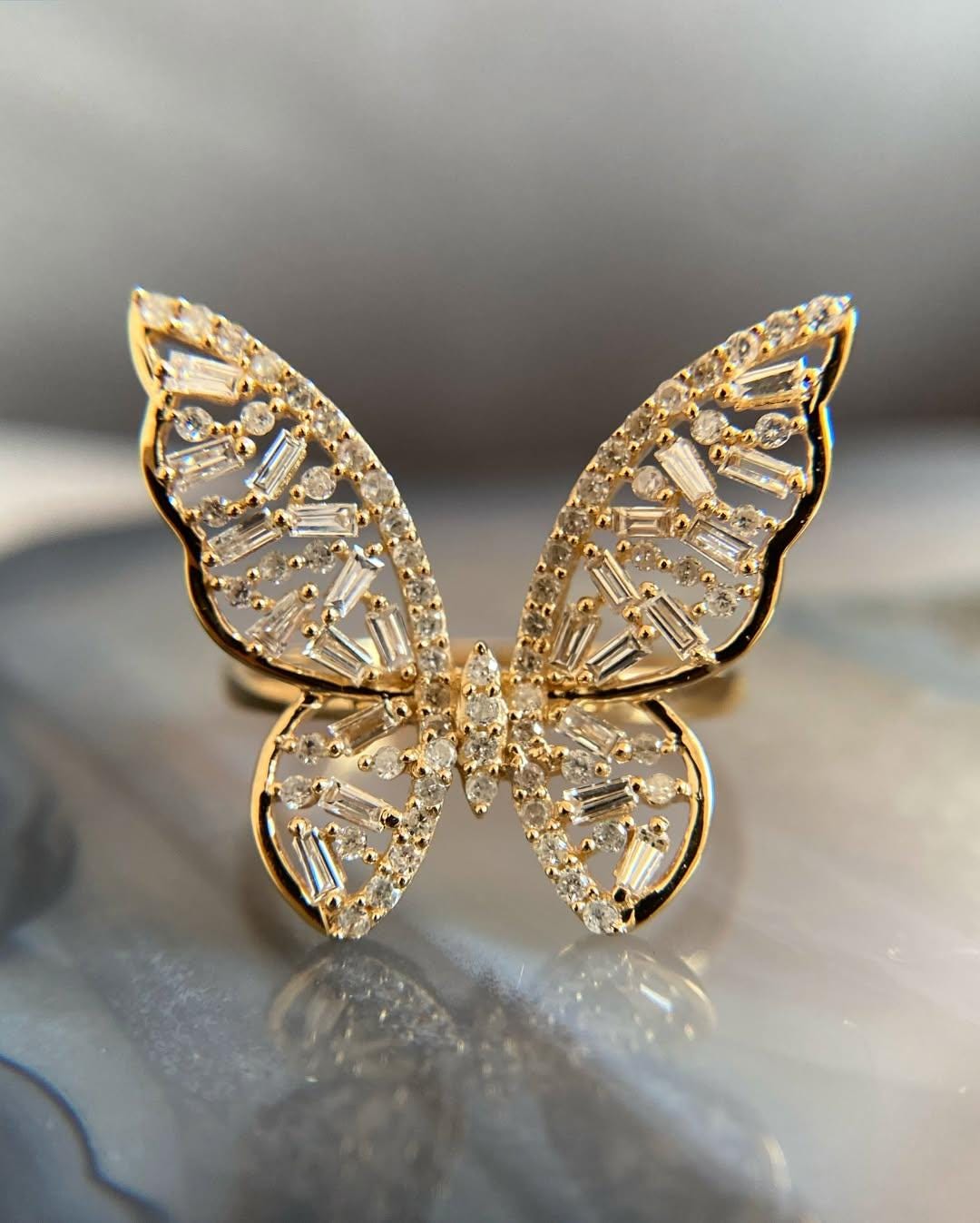 Butterfly Round + Baguette Diamond Ring for Engagement, Flying ...