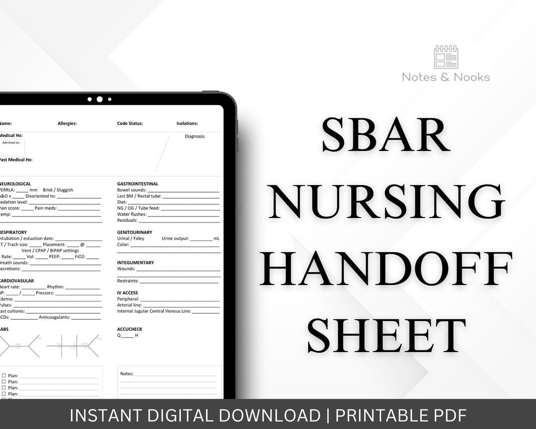 Nursing Handoff Sheet | Printable SBAR Report Template | Med List ...