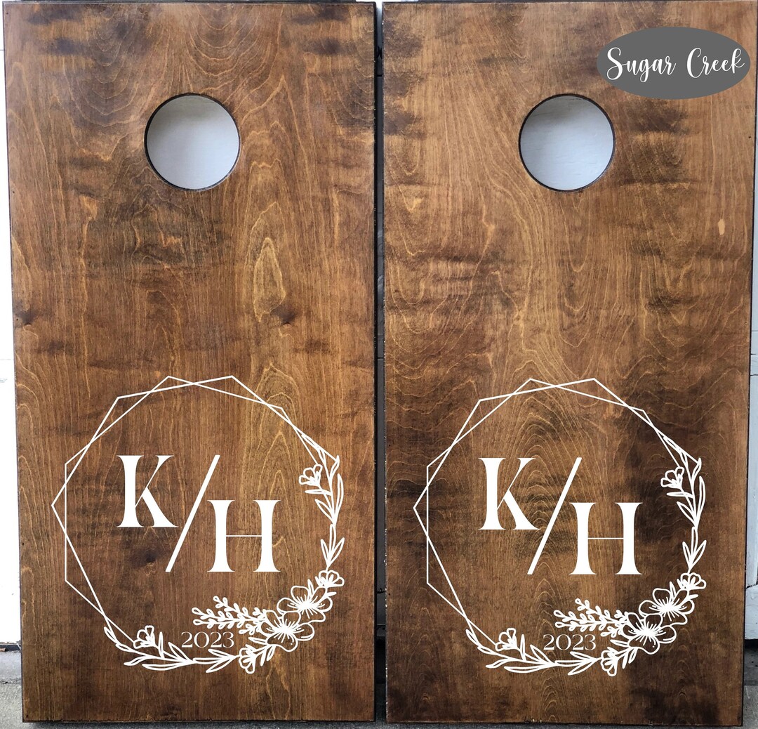 Cornhole Decals-floral Wreath With Initials 2-barn Wedding-vinyl Decals ...