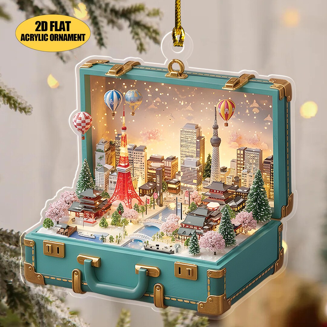 Tokyo Suitcase Ornament, Japan Mini Diorama, Sakura Cityscape Christmas ...