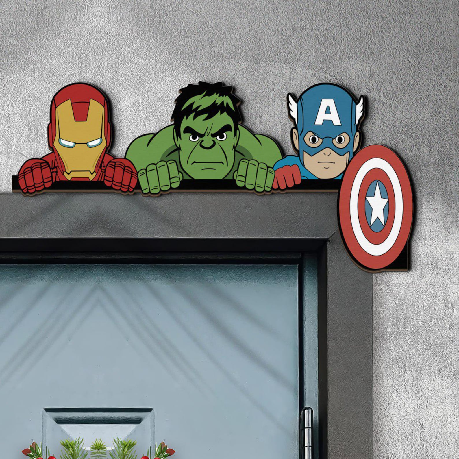Cute Peekaboo Captain America Hulk & Iron Man Door Corner Sign, Comic ...