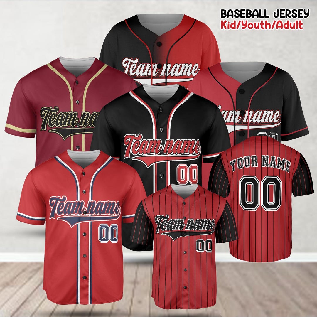 Custom Black Red Baseball Jersey Personalized Name Number Sports Team ...