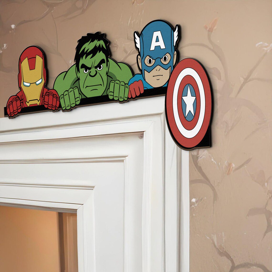 Cute Peekaboo Captain America Hulk & Iron Man Door Corner Sign, Comic ...