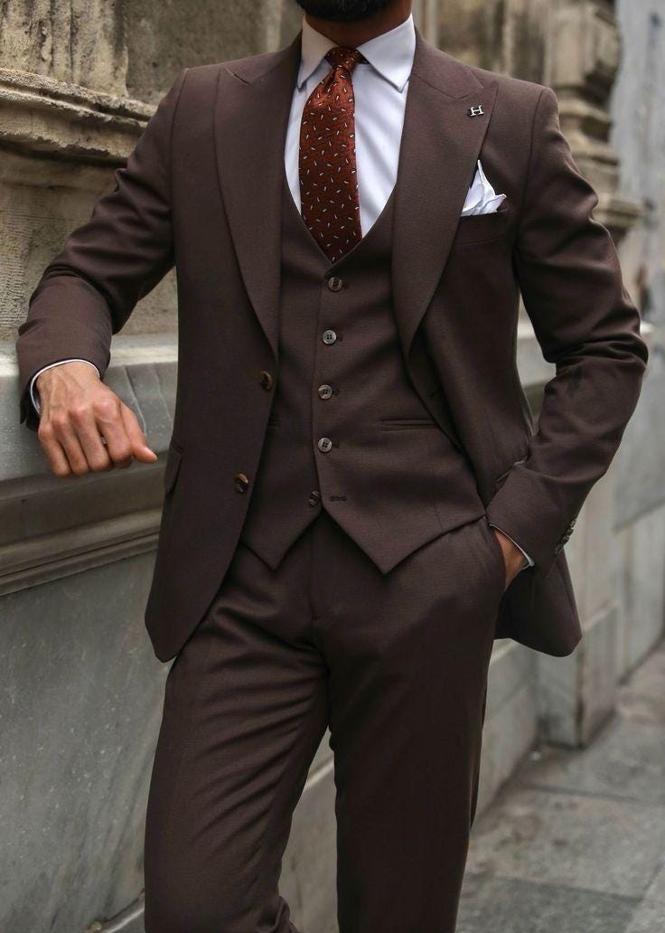 Men Premium Brown Three Piece Style Men's Suit for Wedding, Winter ...