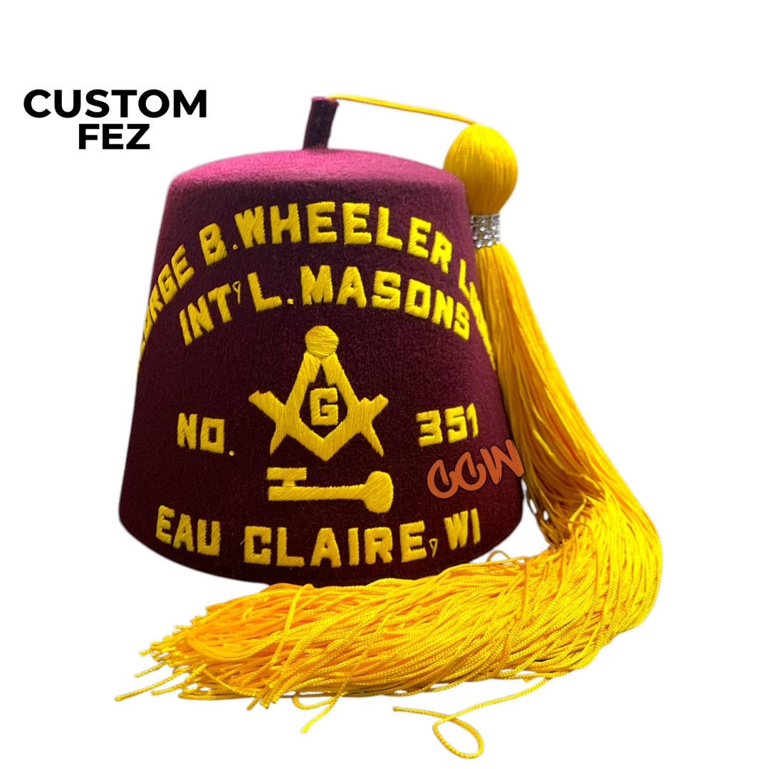 International Masons Fez Maroon Fez Hat Silk Hand Embroidered Custom ...