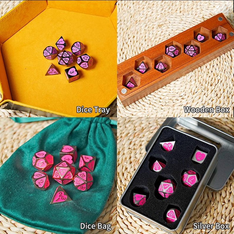 Heart Dice Set, Silver Metal Border, Pink Resin Core, 7-piece DND Dice ...