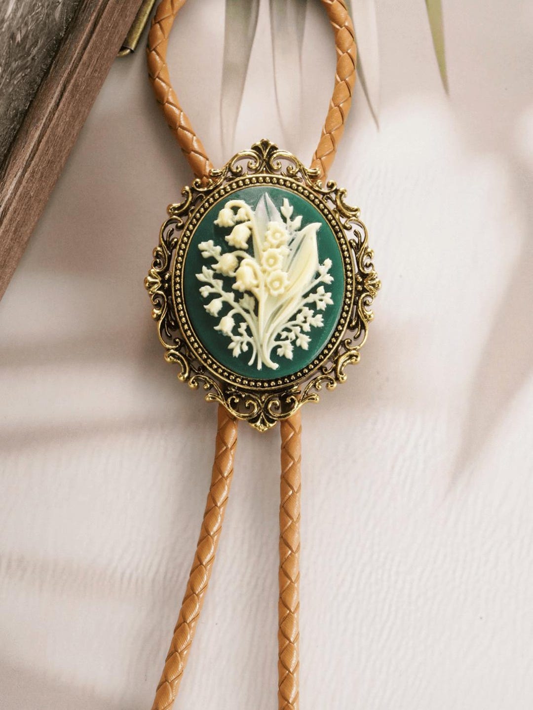 Lily of the Valley Cameo Brass Bolo Tie: Green Floral Cowboy ...