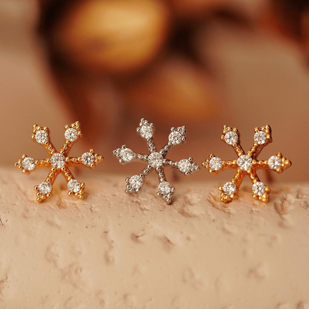 Dainty Snowflake Stud Earrings, 18k Gold or Platinum Snowflake Jewelry ...