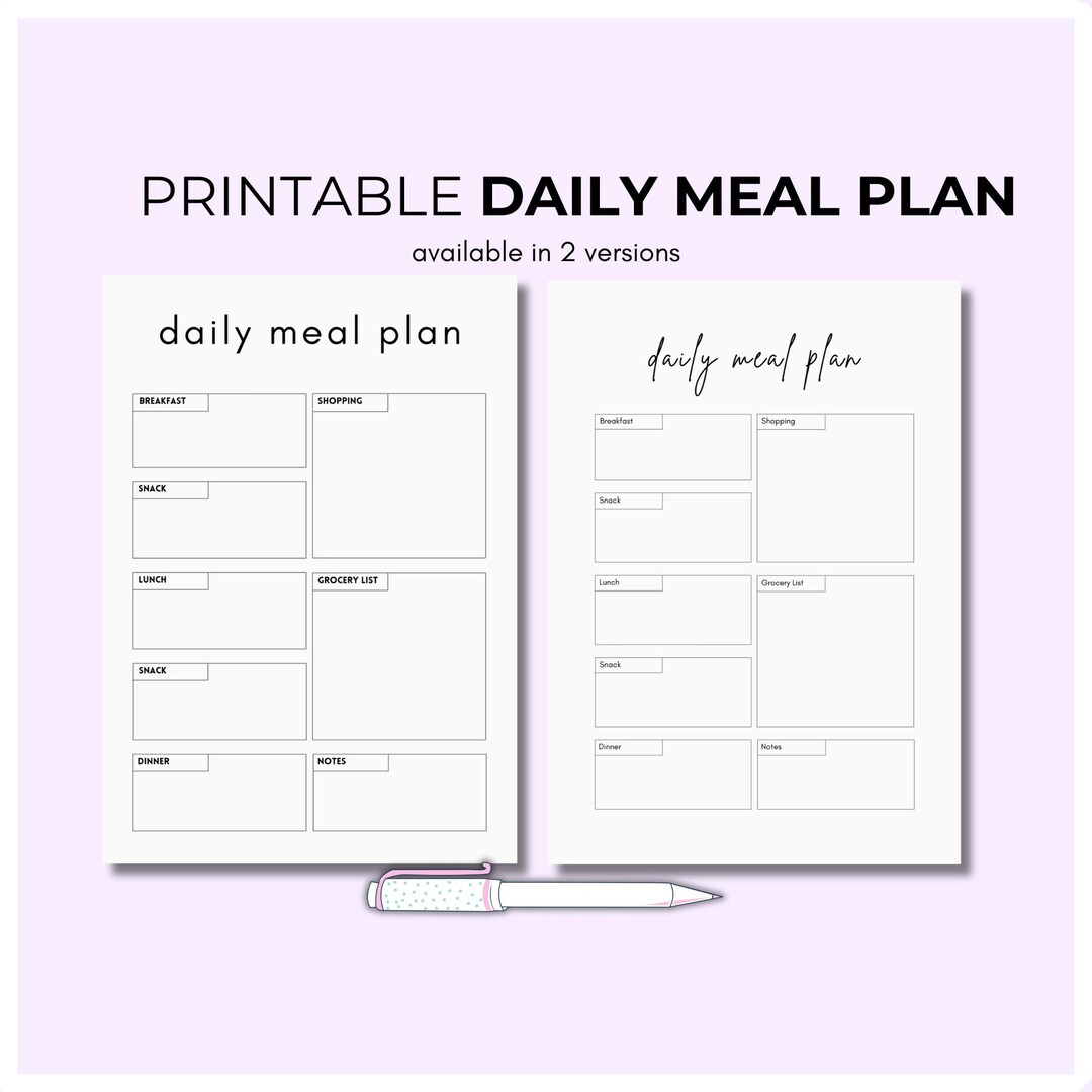 Daily Meal Planner With Grocery List Printable Template, Daily Menu ...