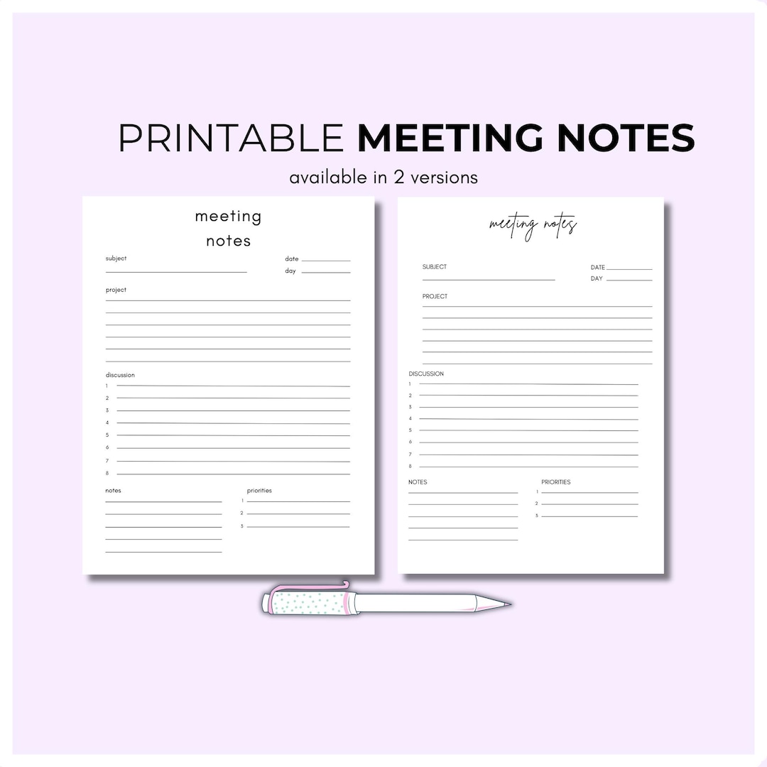 Printable Meeting Notes Template, Meeting Minutes, Meeting Agenda ...