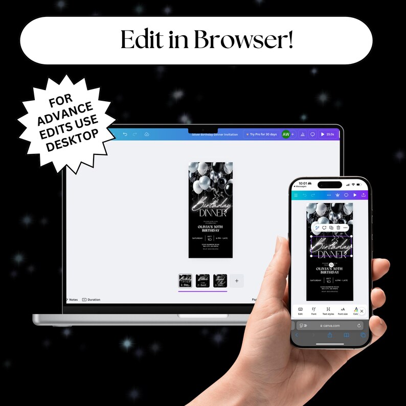 Digital Birthday Dinner Invitation, Animated Black Silver Diamond Evite ...