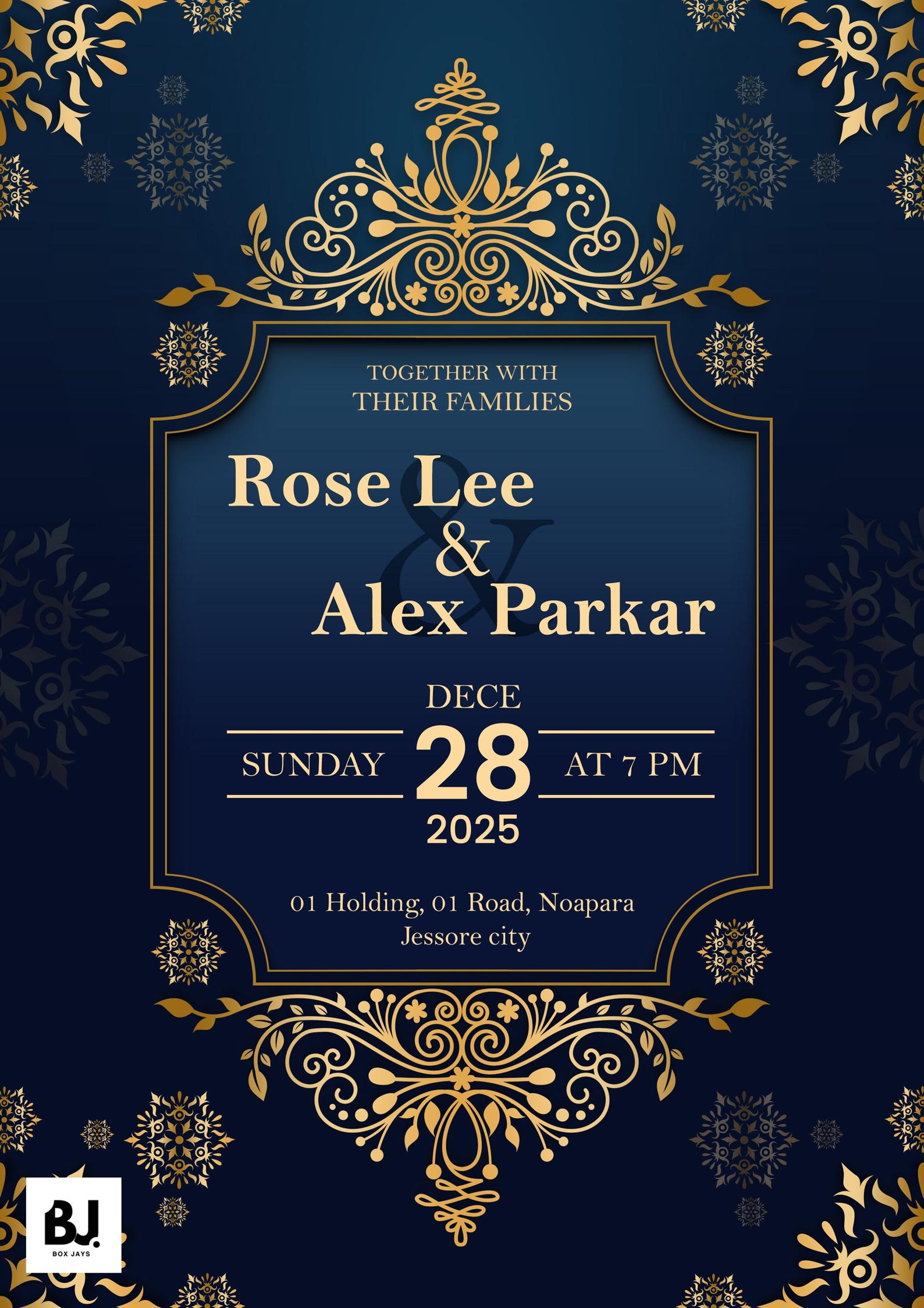 Elegant Royal Blue & Gold Wedding Invitation Template | Printable ...