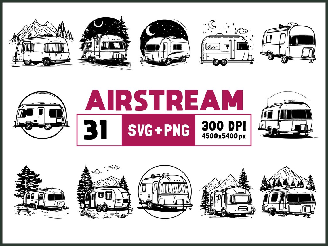 Airstream SVG Bundle: Caravan Clipart, Mobile Home Outline (PNG, Vector ...