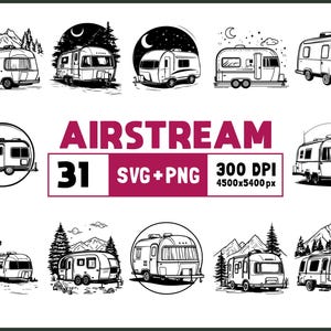 Airstream SVG Bundle: Caravan Clipart, Mobile Home Outline (PNG, Vector ...