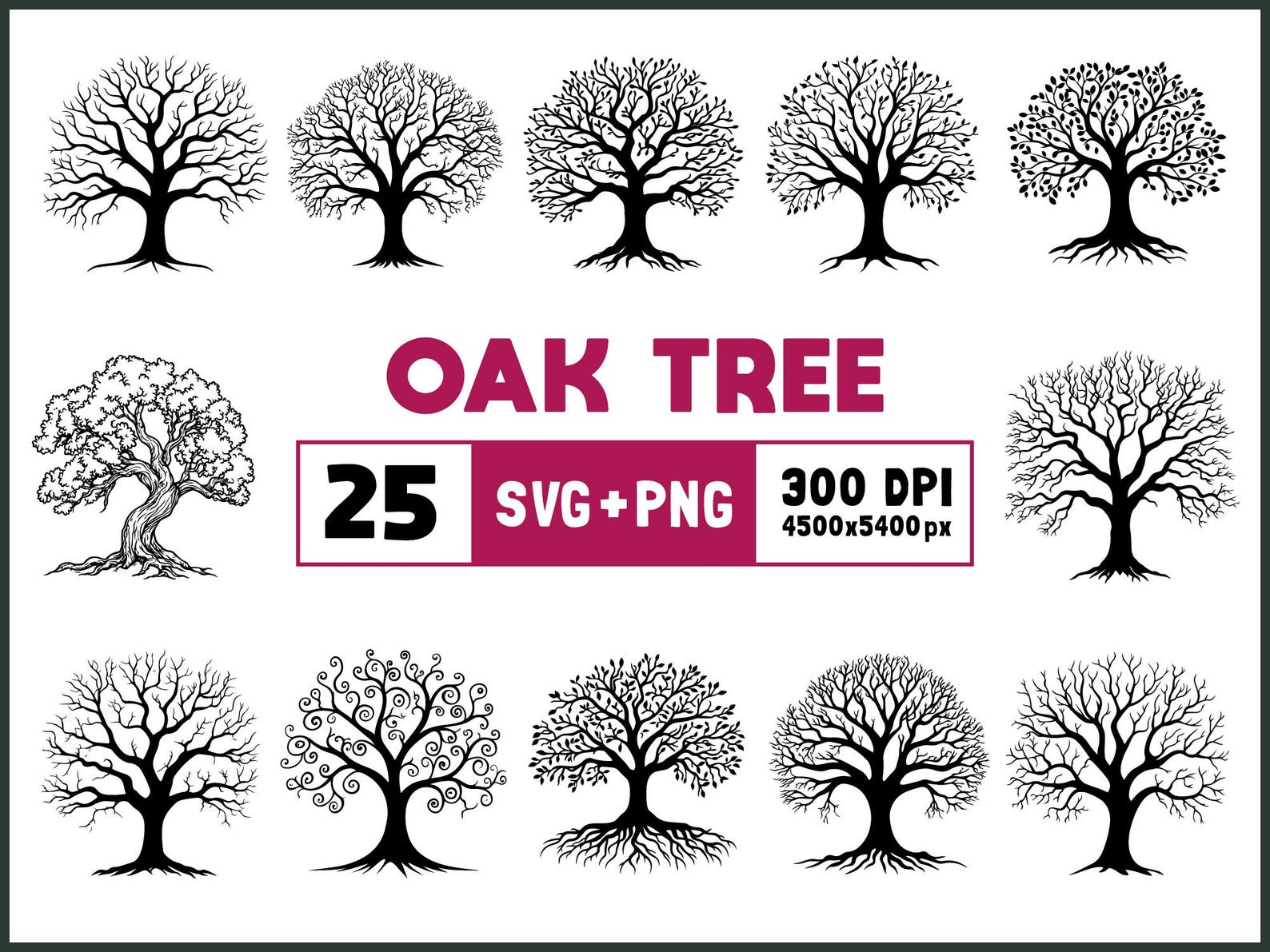 Oak Tree Svg Png Bundle, Oak Tree Silhouette, Oak Tree Clipart Png, Oak ...