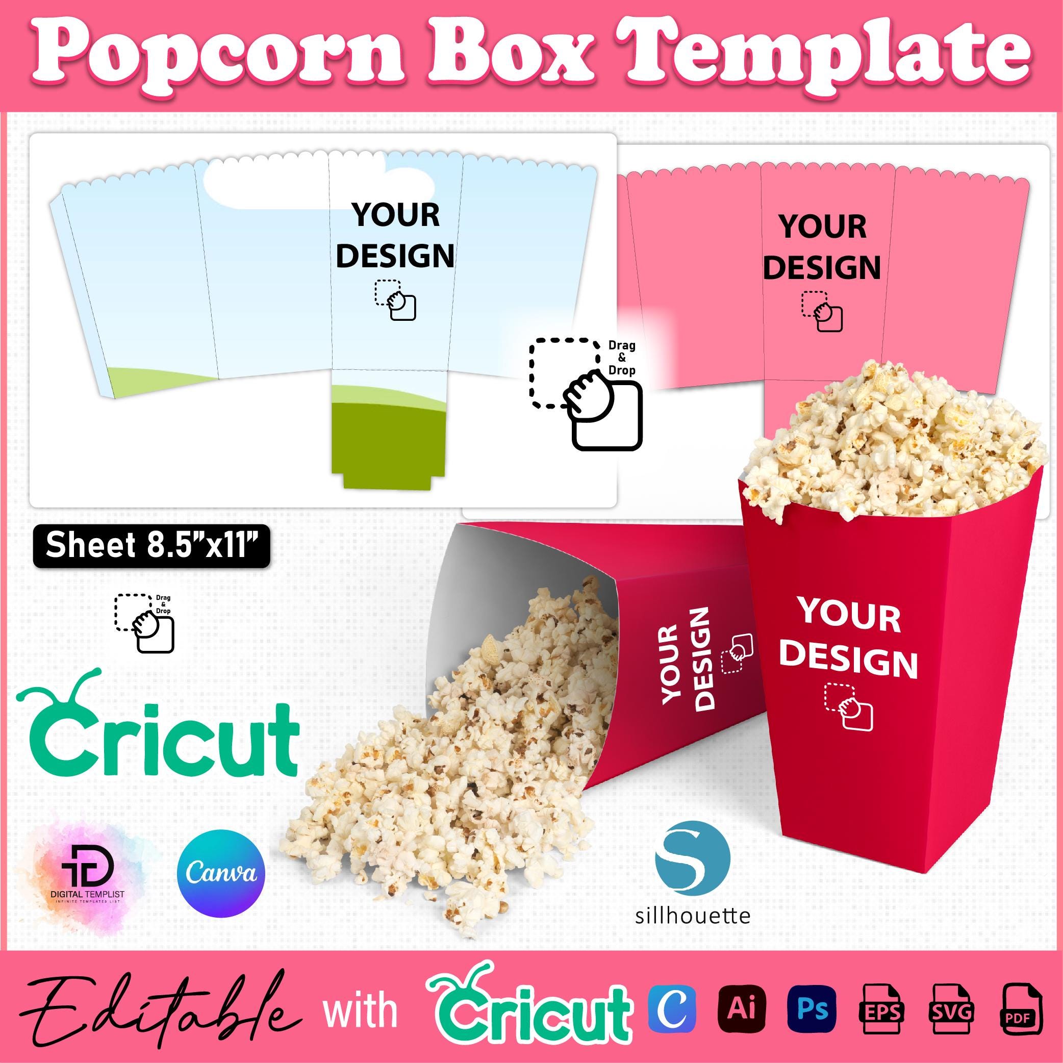 Popcorn Box Template, Popcorn Box Bundle, Popcorn Box SVG, Popcorn Box ...