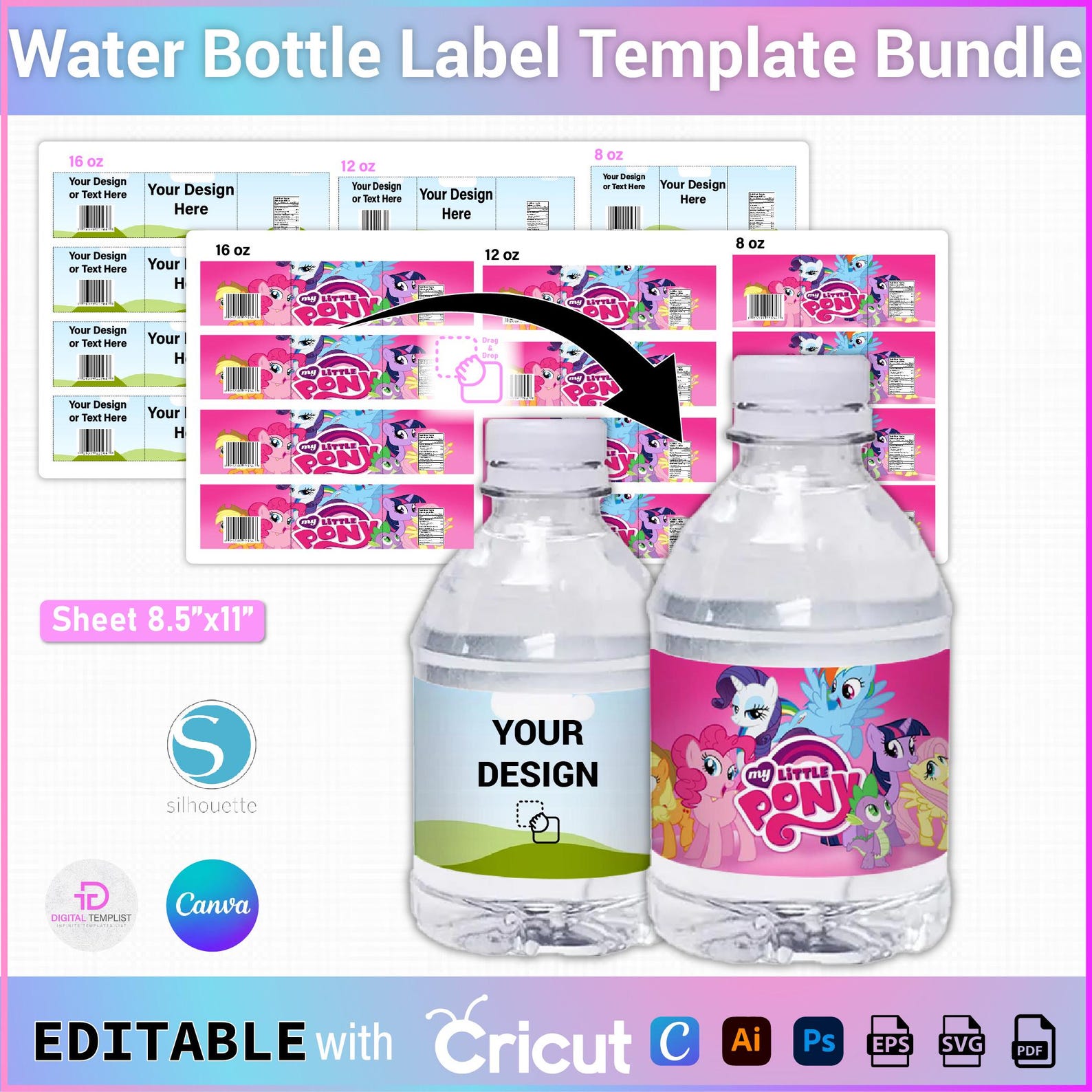 8,12,16 Oz Water Bottle Label Bundle, Water Bottle Label Template ...