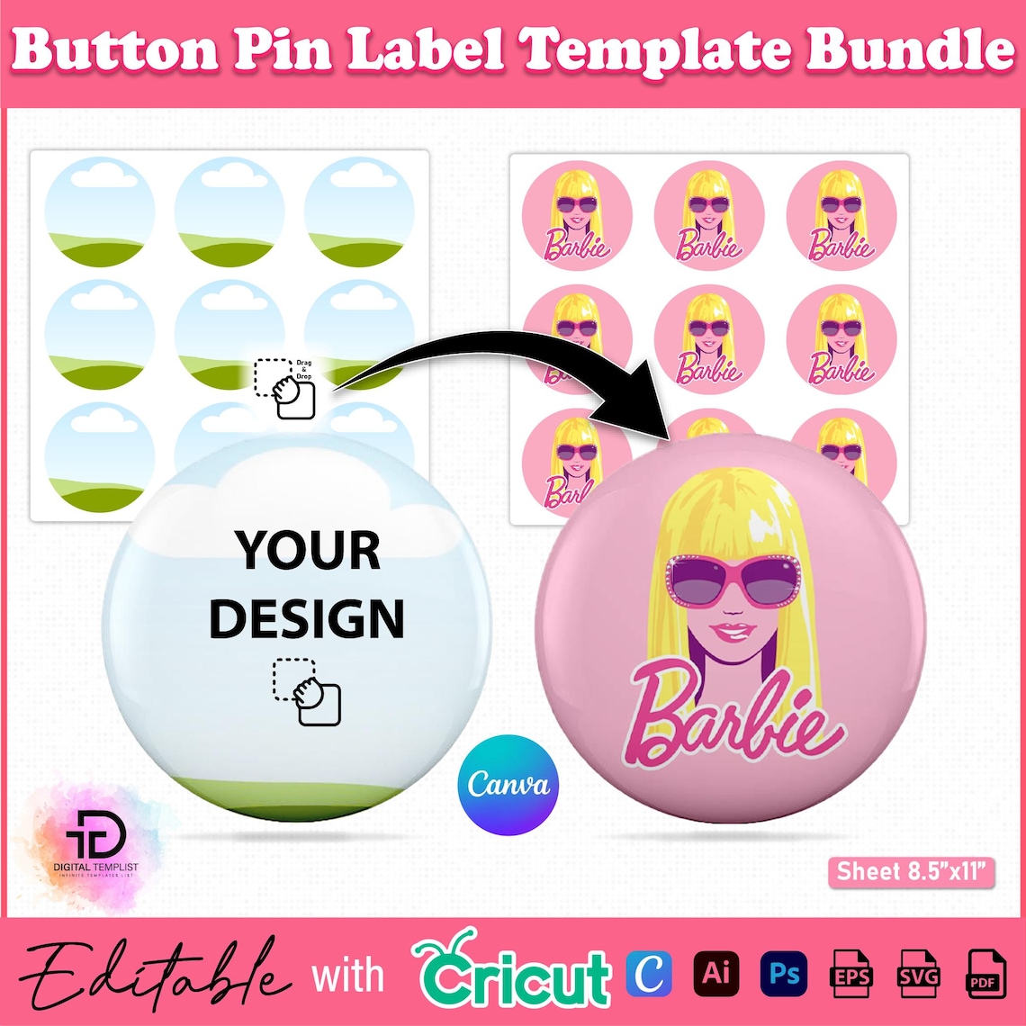 Button Pin Template, Button Pin Blank, Button Pin Sublimation, Button ...