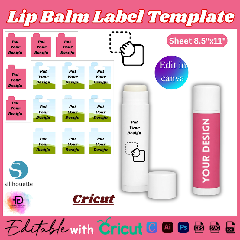 Lip Balm Label Template, Lipstick Sticker Wraps, DIY Lip Gloss, Lip ...
