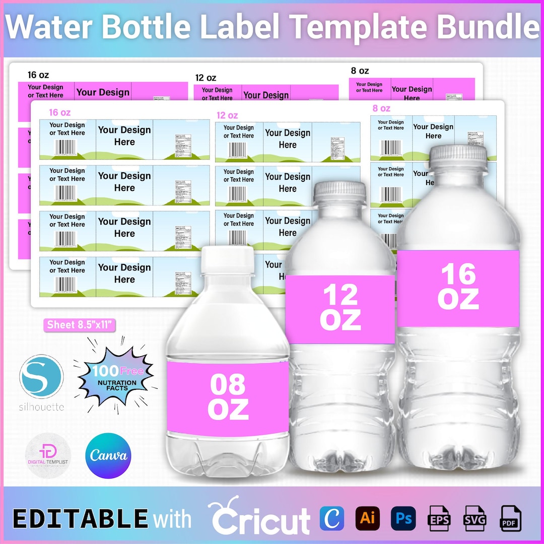 8,12,16 Oz Water Bottle Label Bundle, Water Bottle Label Template ...