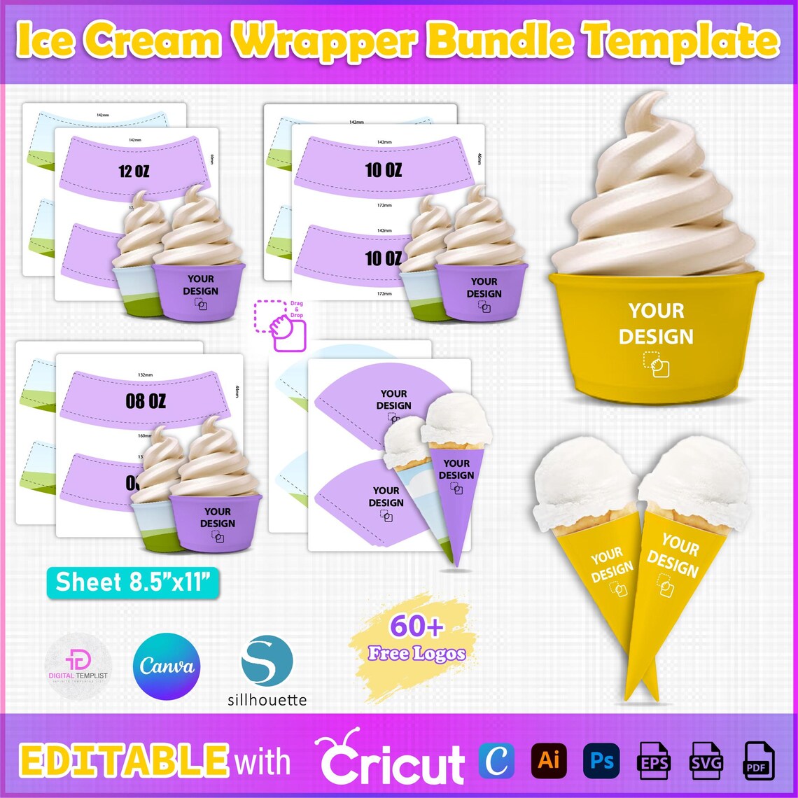 Ice Cream Wrapper Bundle, Ice Cream Cone Wrapper Template, Candy Cone ...
