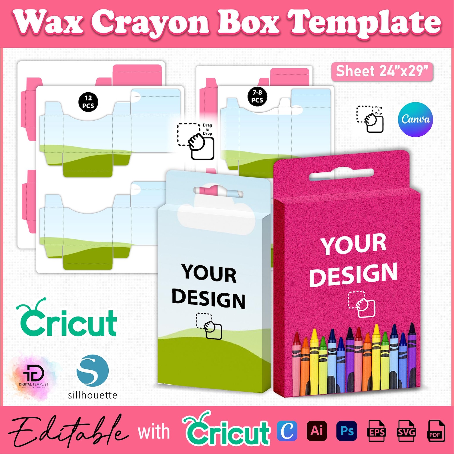 Crayon Box Template, Party Favor Box, Crayon Color Box Mockups, Wax ...